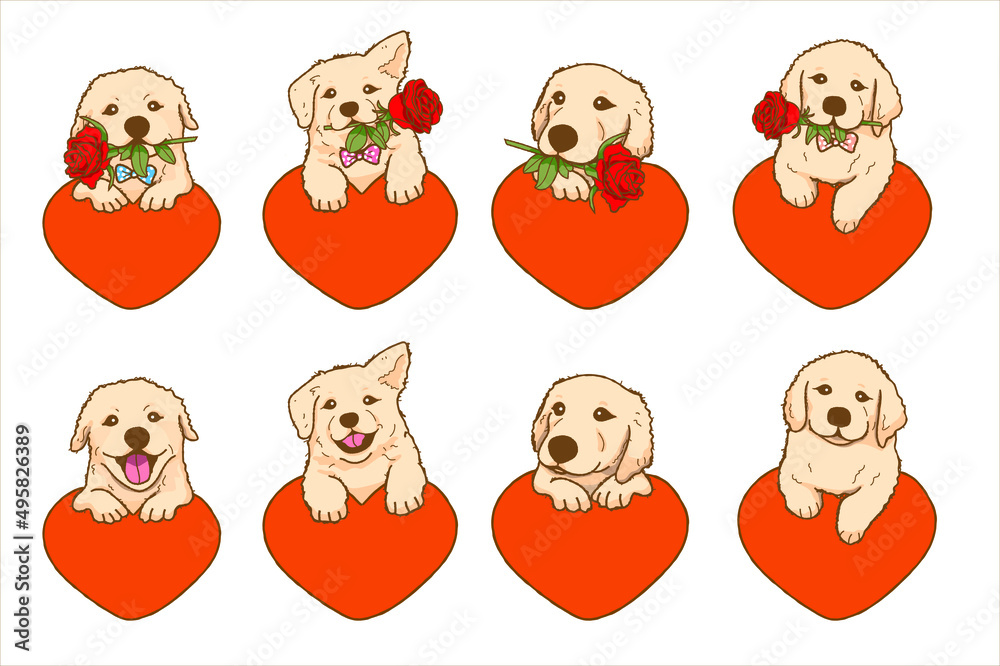 Cartoon golden retriever dog holding red rose flower with heart, Lovely ...