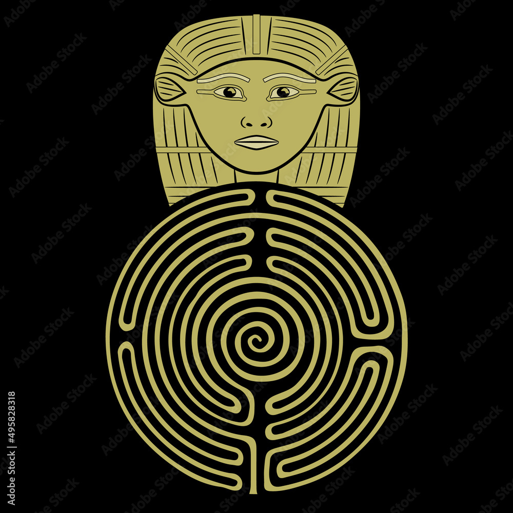 Round spiral maze or labyrinth symbol with head of ancient Egyptian ...