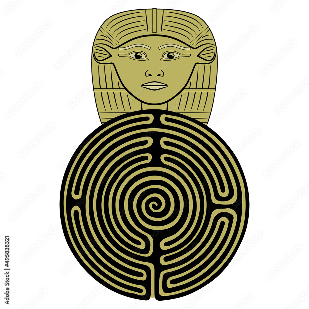 Round spiral maze or labyrinth symbol with head of ancient Egyptian ...