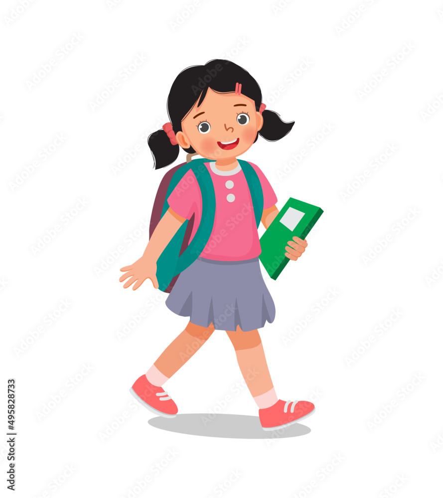 Vetor de cute little school girl with backpack holding books walking to ...