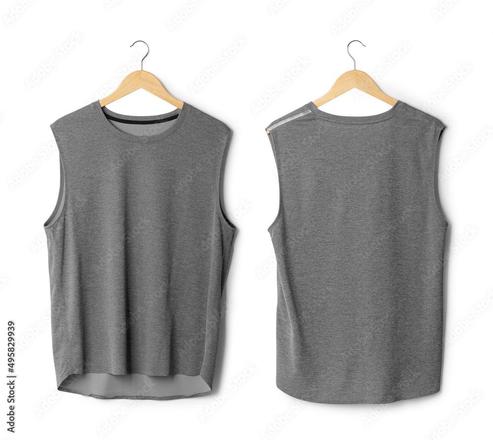 Realistic gray sport Tank top mockup hanging front and back view ...