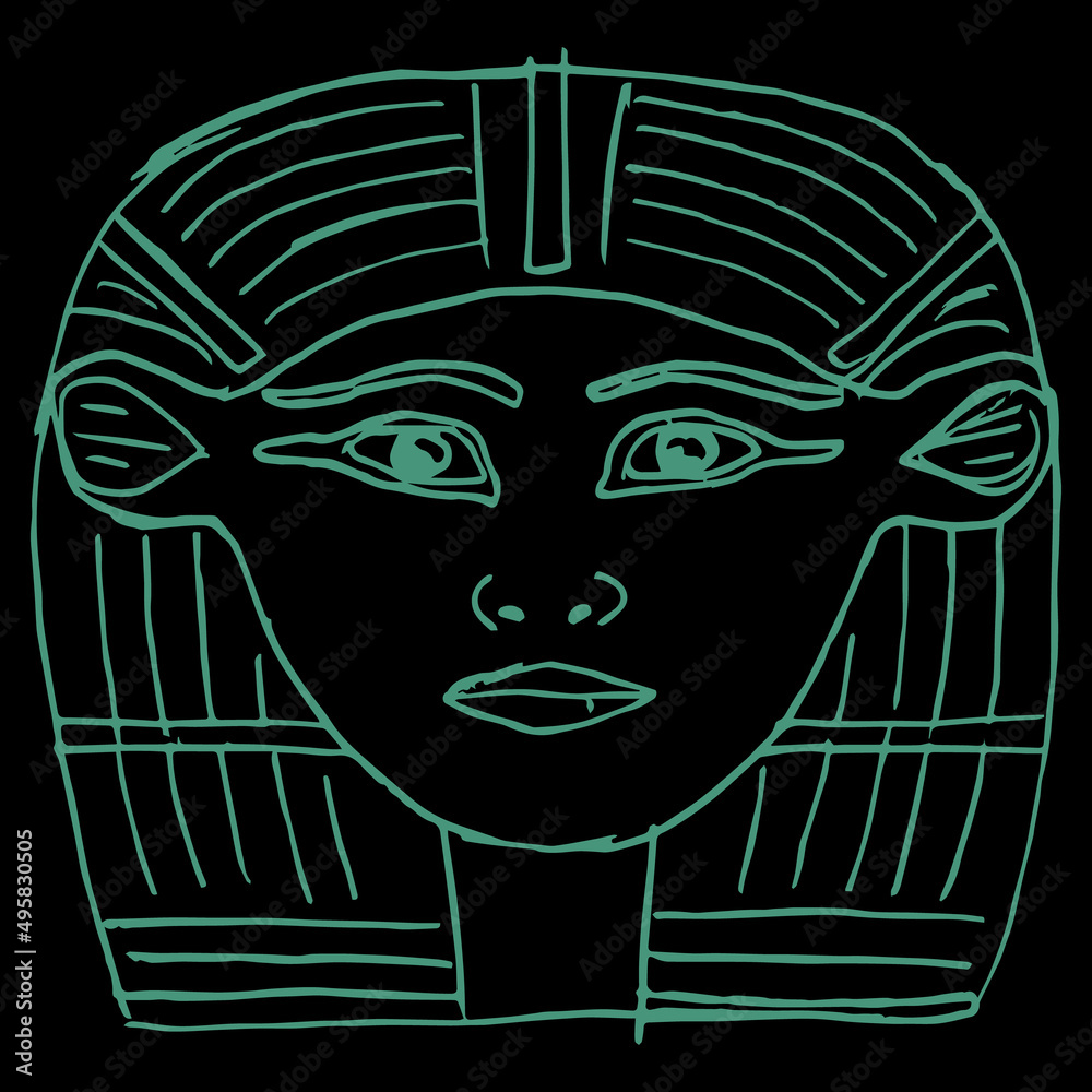 Head of ancient Egyptian goddess of love Hathor. Hand drawn linear ...
