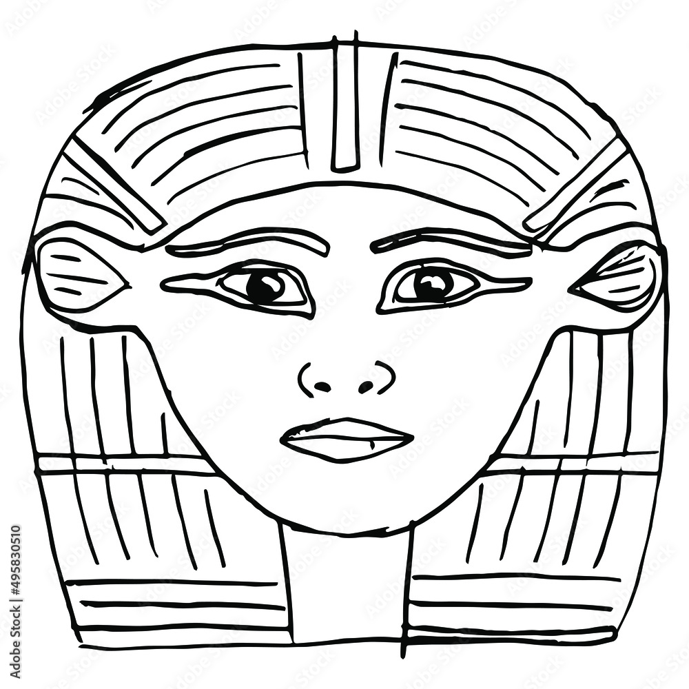 Head of ancient Egyptian goddess of love Hathor. Hand drawn linear ...
