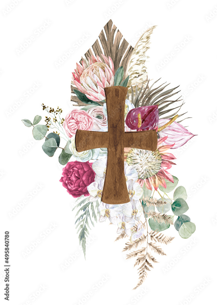 Set of boho wooden watercolor cross with eucalyptus, fern and roses on ...
