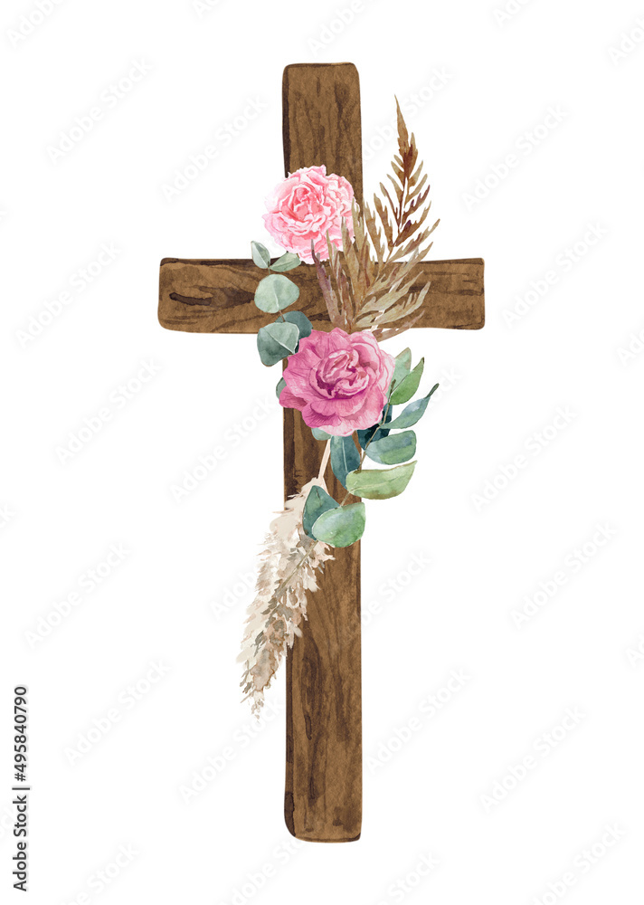 Set of boho wooden watercolor cross with eucalyptus, fern and roses on ...