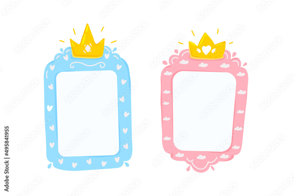 Set of princess and prince cartoon frame in baby pink,blue with gold ...
