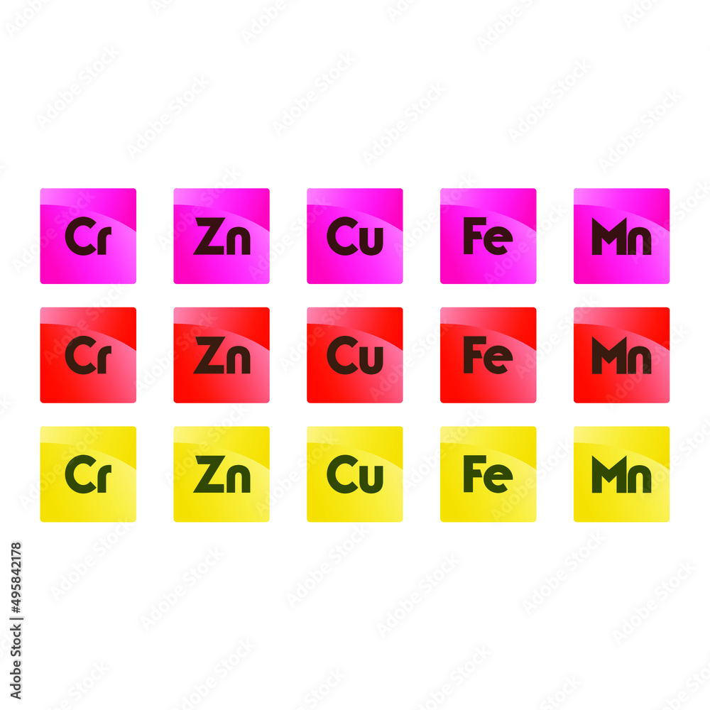 Set of 5 common metal electrolyte symbols - Iron, Chrome, Manganese ...