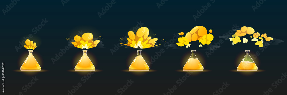 Stages of chemical reaction in lab flask, science experiment with ...