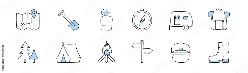 Summer camp icons with tent, backpack, map, compass and fire. Vector ...