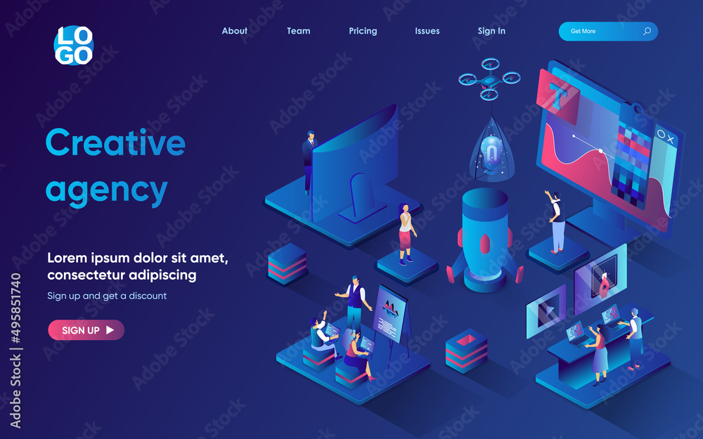 Creative agency concept 3d isometric web landing page. People work on ...