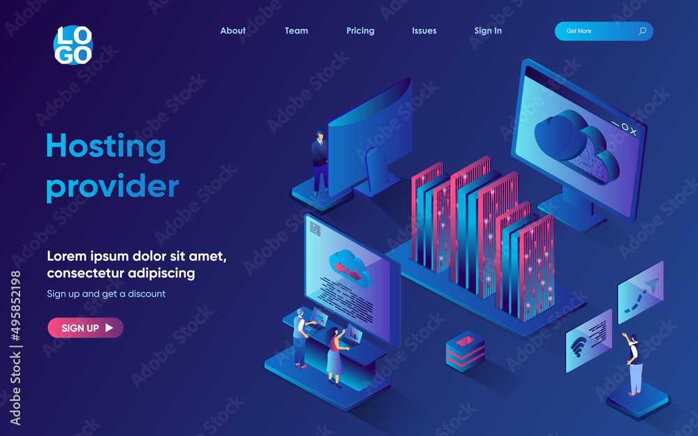 Hosting provider concept 3d isometric web landing page. People working ...