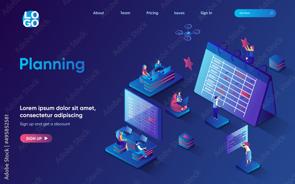 Business planning concept 3d isometric web landing page. People make ...