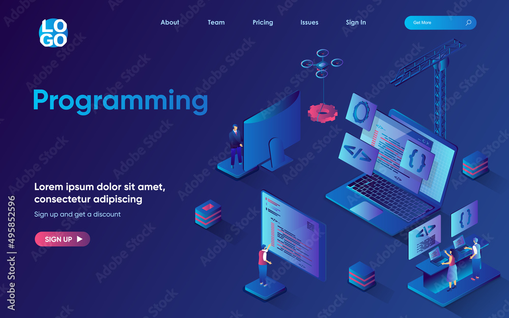 Programming concept 3d isometric web landing page. People develop ...
