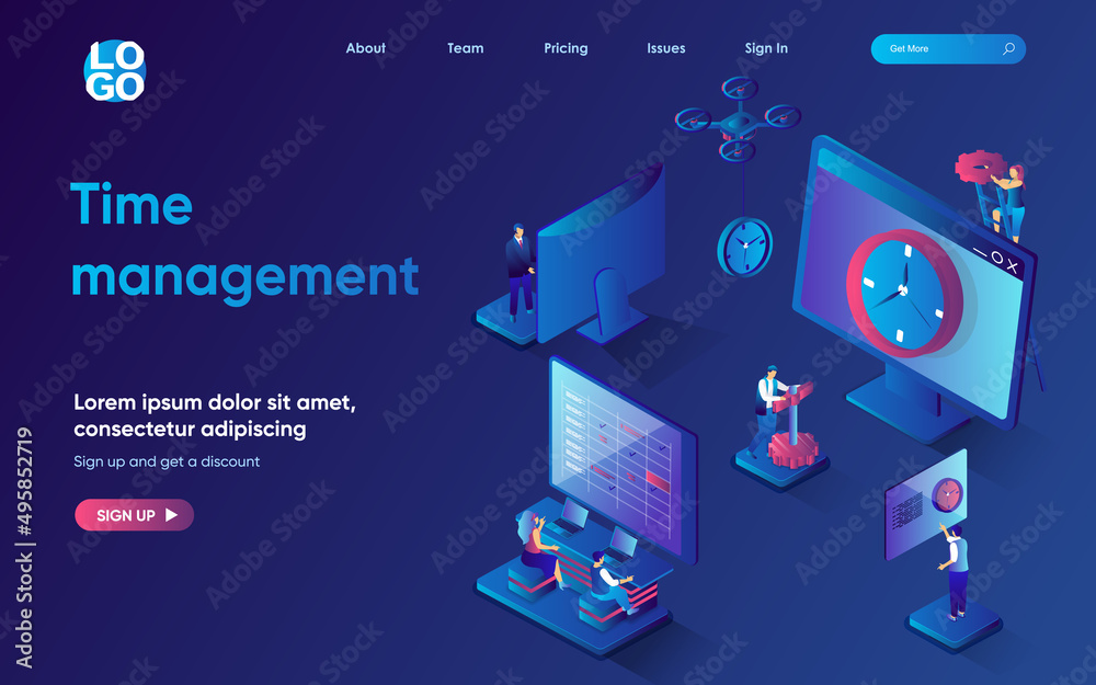 Time management concept 3d isometric web landing page. People manage ...