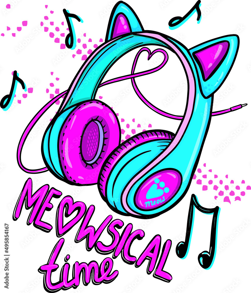 Typography vector print with headphones with cat ears and slogan ...
