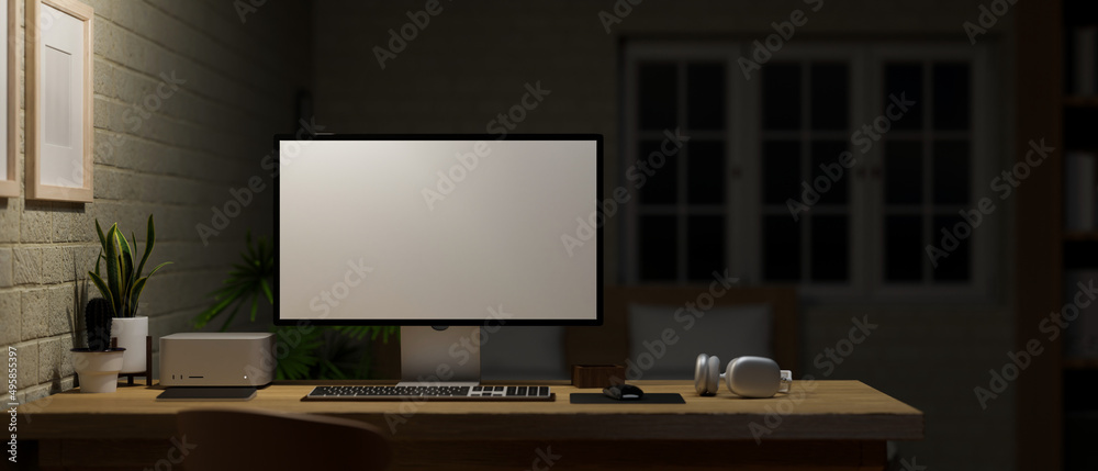 Modern dark office workspace at night with pc computer Stock-Foto ...