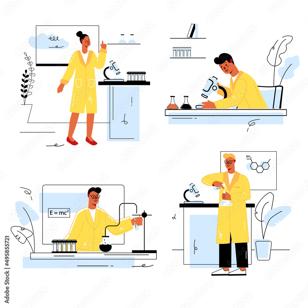 Science laboratory concept set in flat line design. Men and women ...