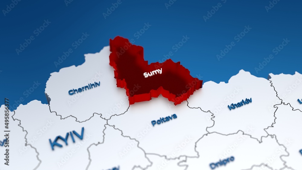 Stylish 3D map of Ukraine with Sumy region at focus highlighted in red ...
