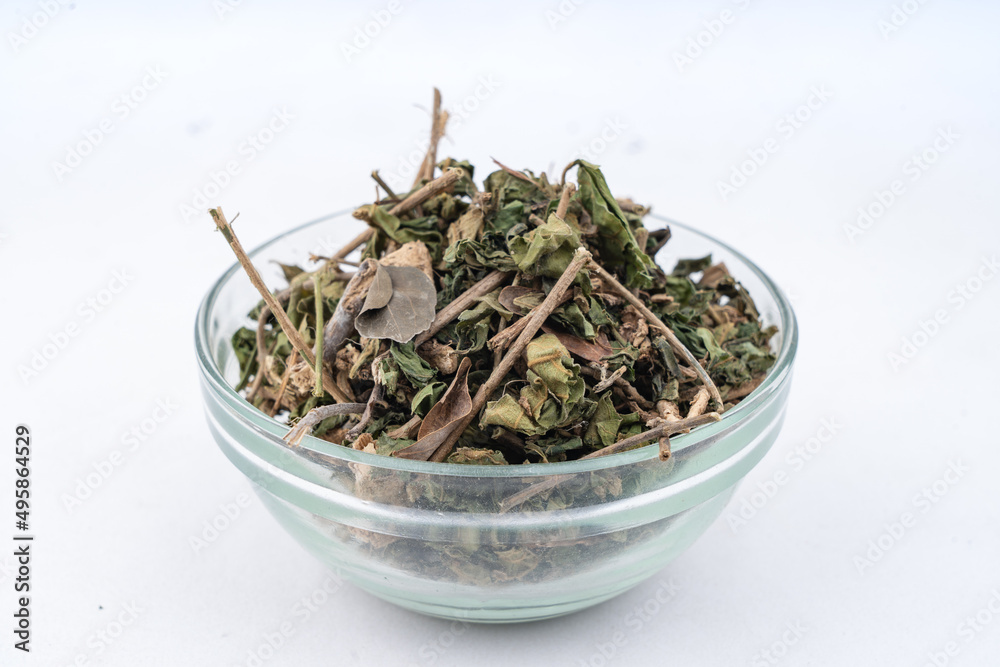 Dry Tulsi - holy Basil Dried (Ocimum sanctum) Top view over isolated ...