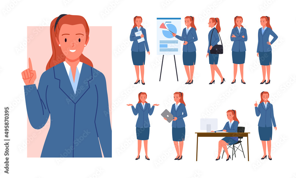 Businesswoman in formal suit poses set vector illustration. Cartoon ...