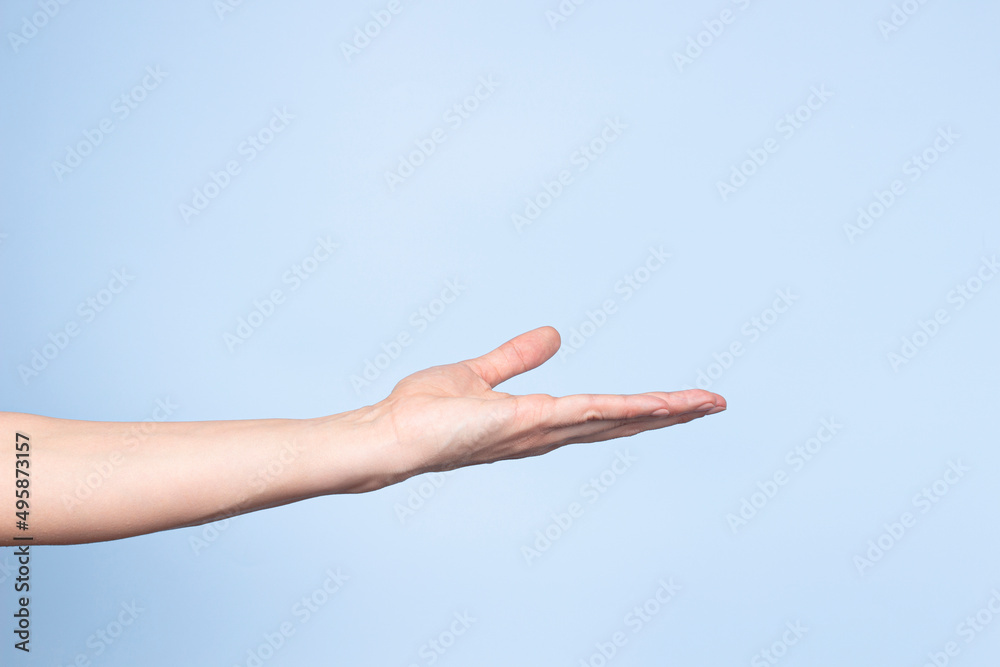 Woman hand gesture. Female open hand on light blue background. Empty ...