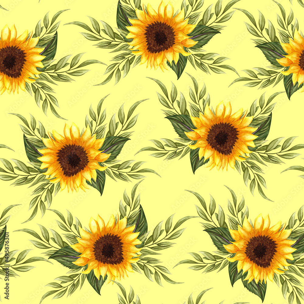 Seamless pattern with sunflowers on yellow background. Collection ...
