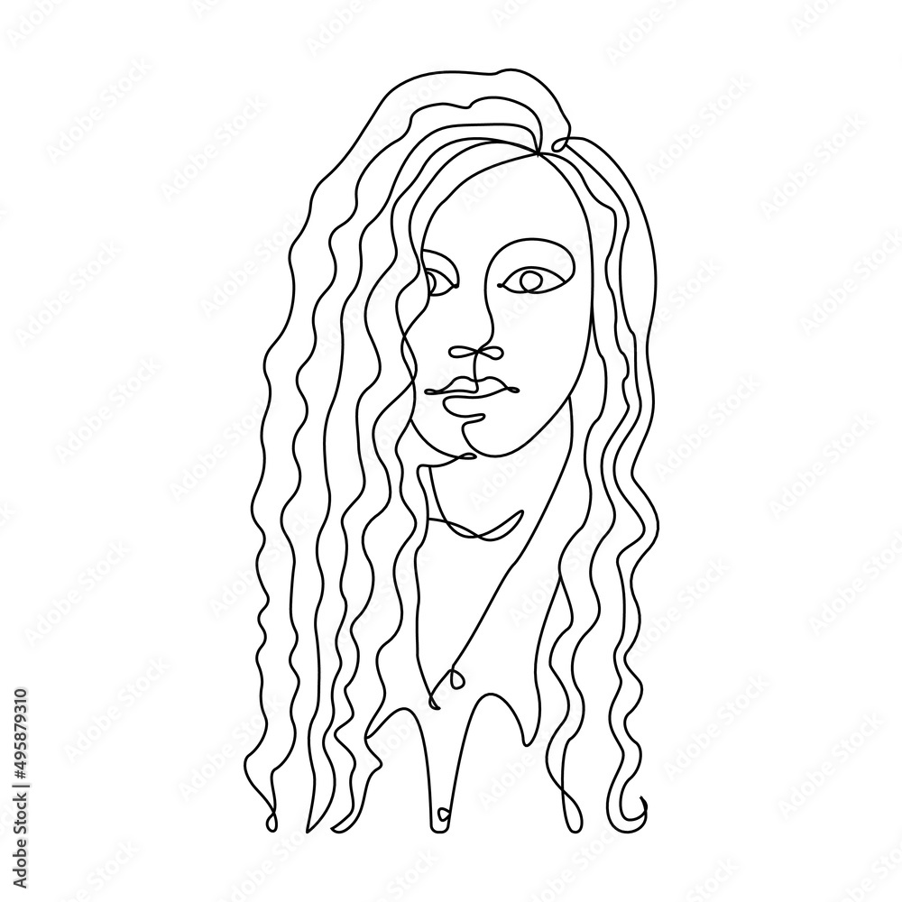 One line drawing of a beautiful girl with long Curly Hair, hand drawn ...
