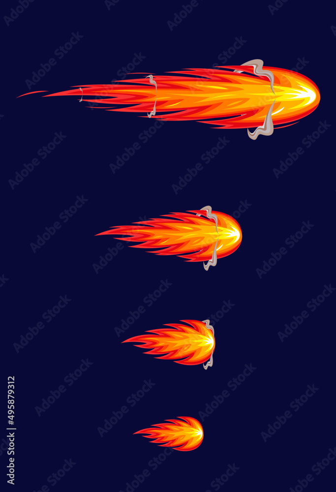 Red fire flame shot with smoke. Flat red flame sprite sheet. Comet ...