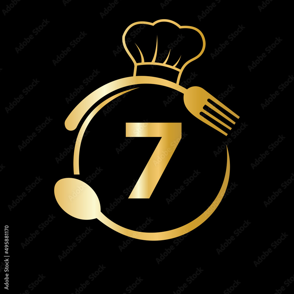 Restaurant Logo on Letter 7 with Chef Hat, Spoon and Fork Symbol for ...