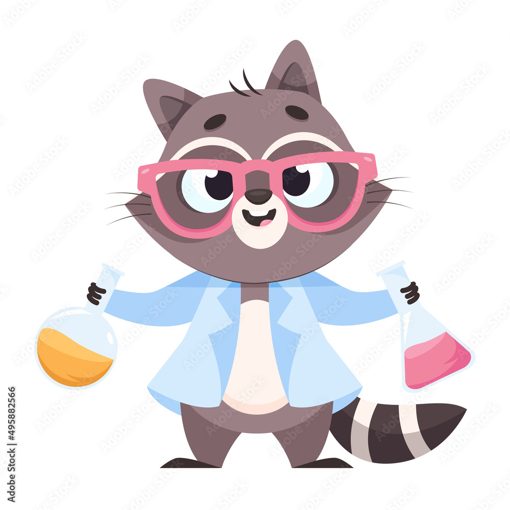 Racoon with test tubes cartoon vector illustration. Funny mammal ...