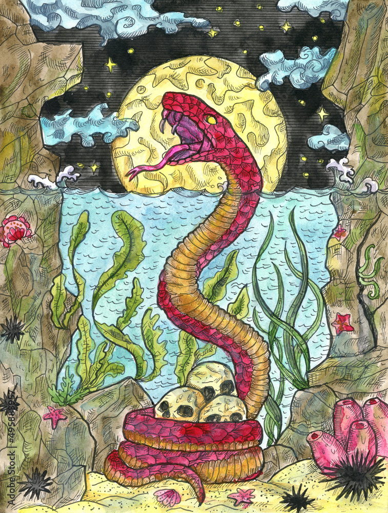 Colorful Marine Fantasy illustration of scary sea snake with human ...