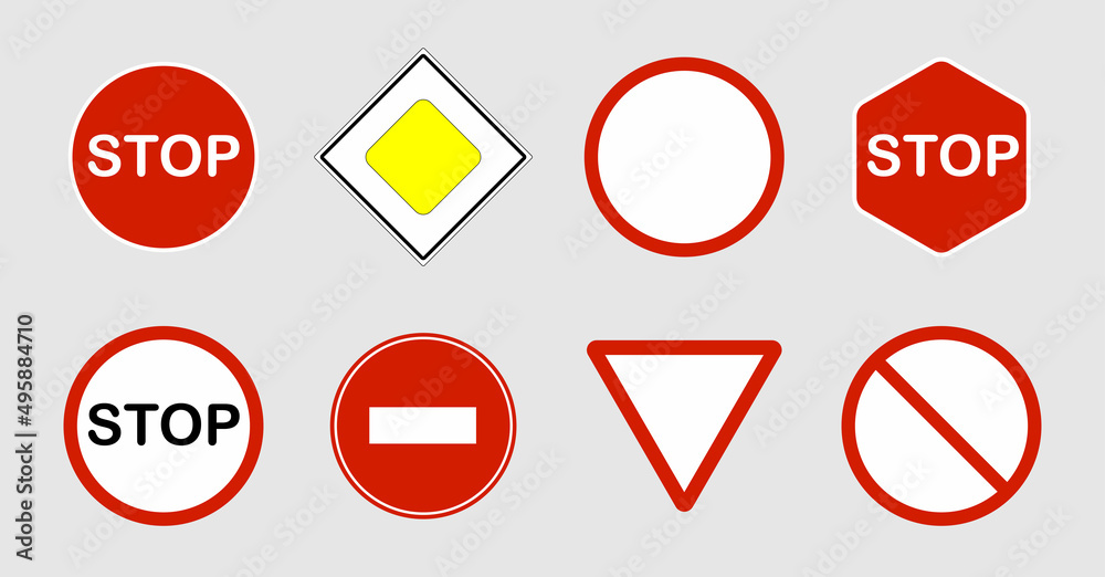 Road sign for traffic with stop and warning icons illustration. Circle ...