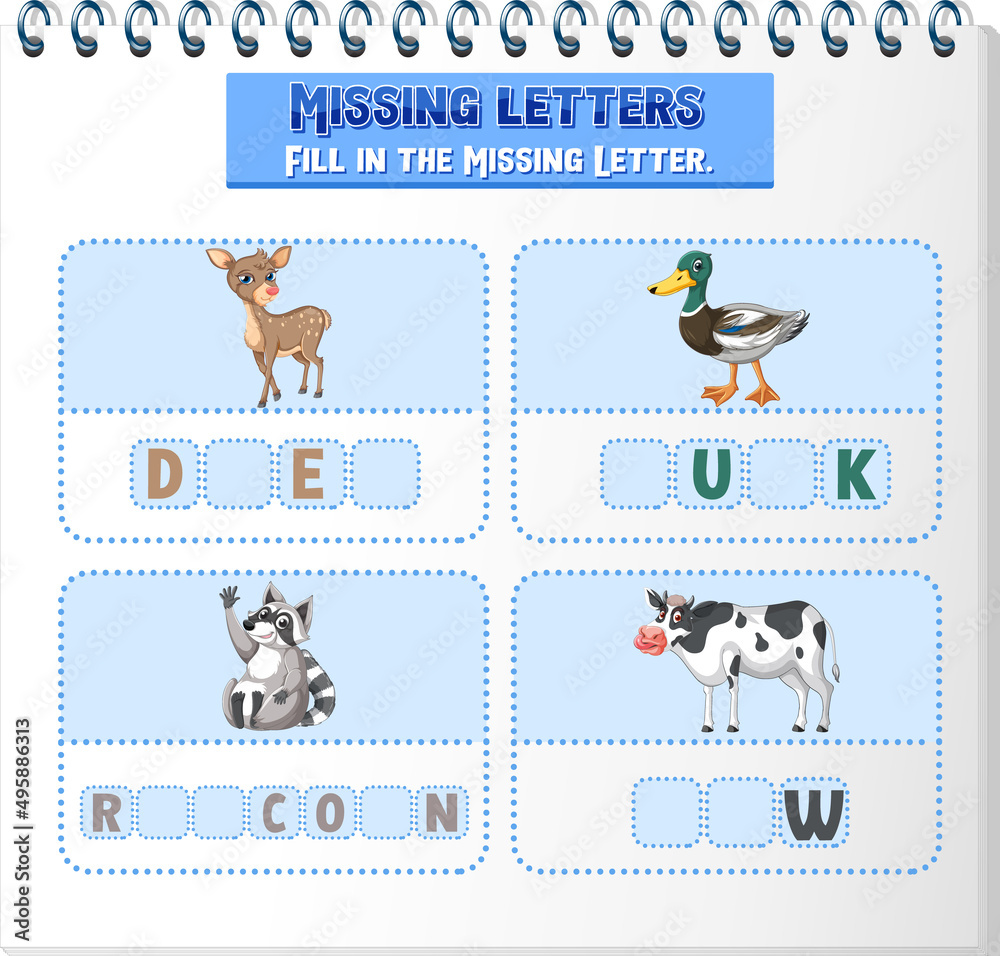 Fill the missing letter of each word worksheet for children Stock ...