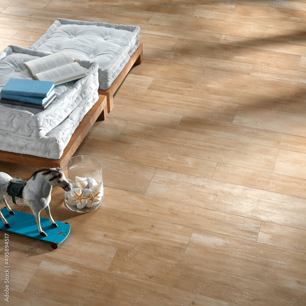 Modern interior design, room with wood texture tiles, seamless ...
