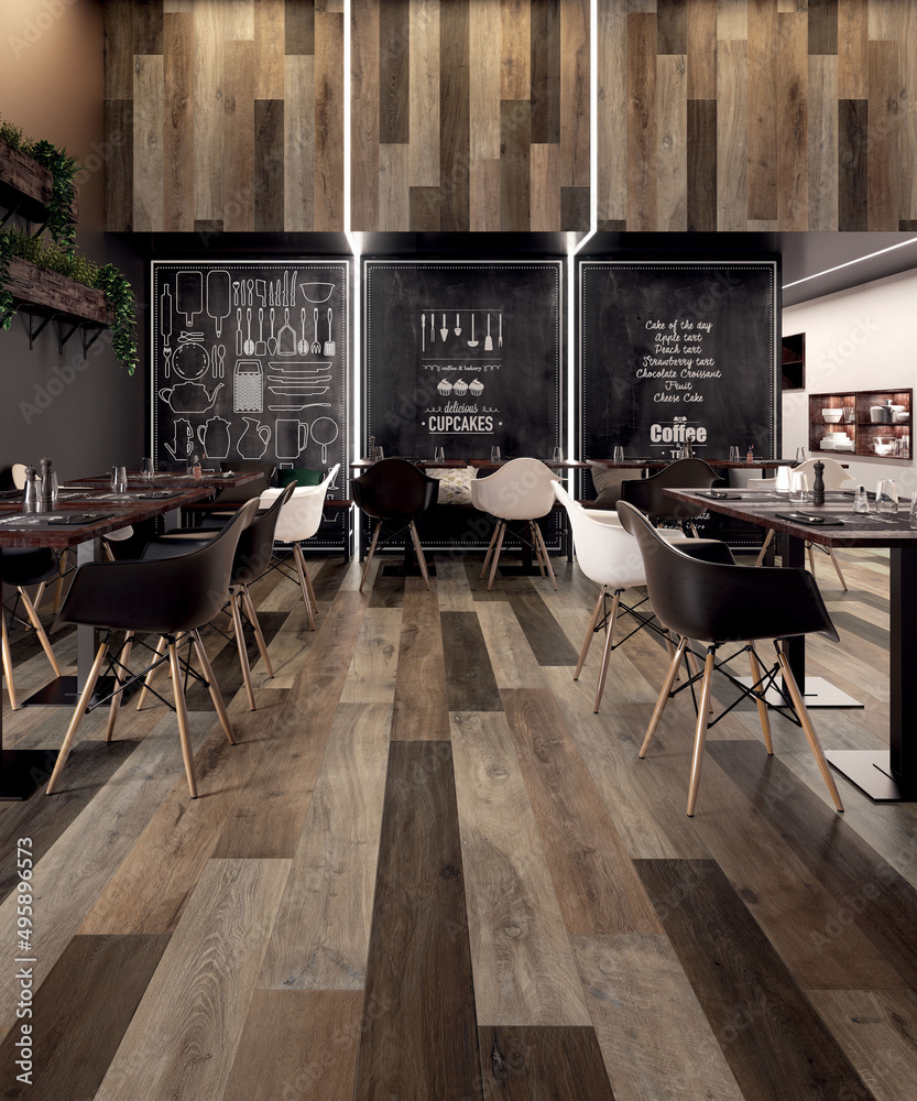 Modern interior design, restaurant with wood texture tiles, seamless ...