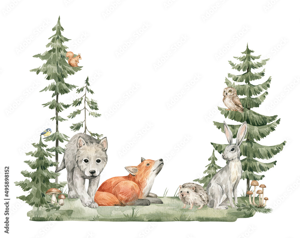 Watercolor composition with forest animals and natural elements. Wolf ...
