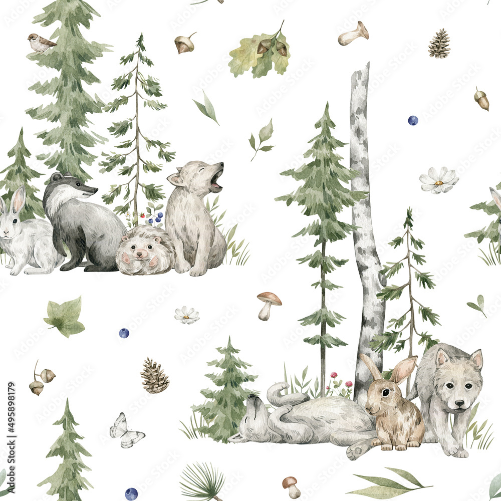 Watercolor seamless pattern with forest animals and natural elements ...