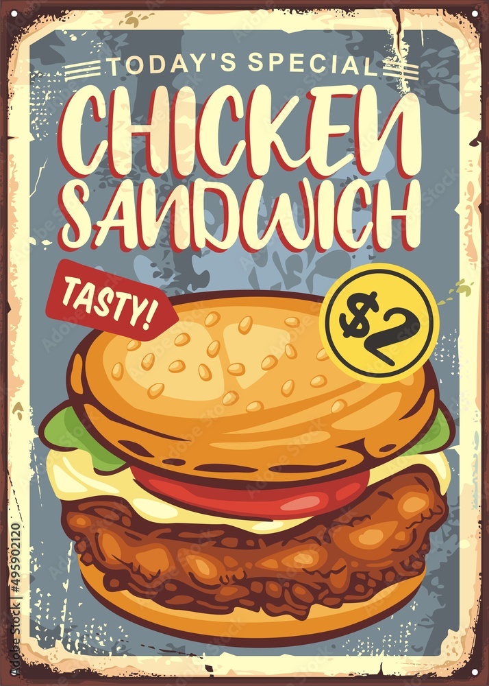 Chicken sandwich promotional vector poster design template. Vintage ...