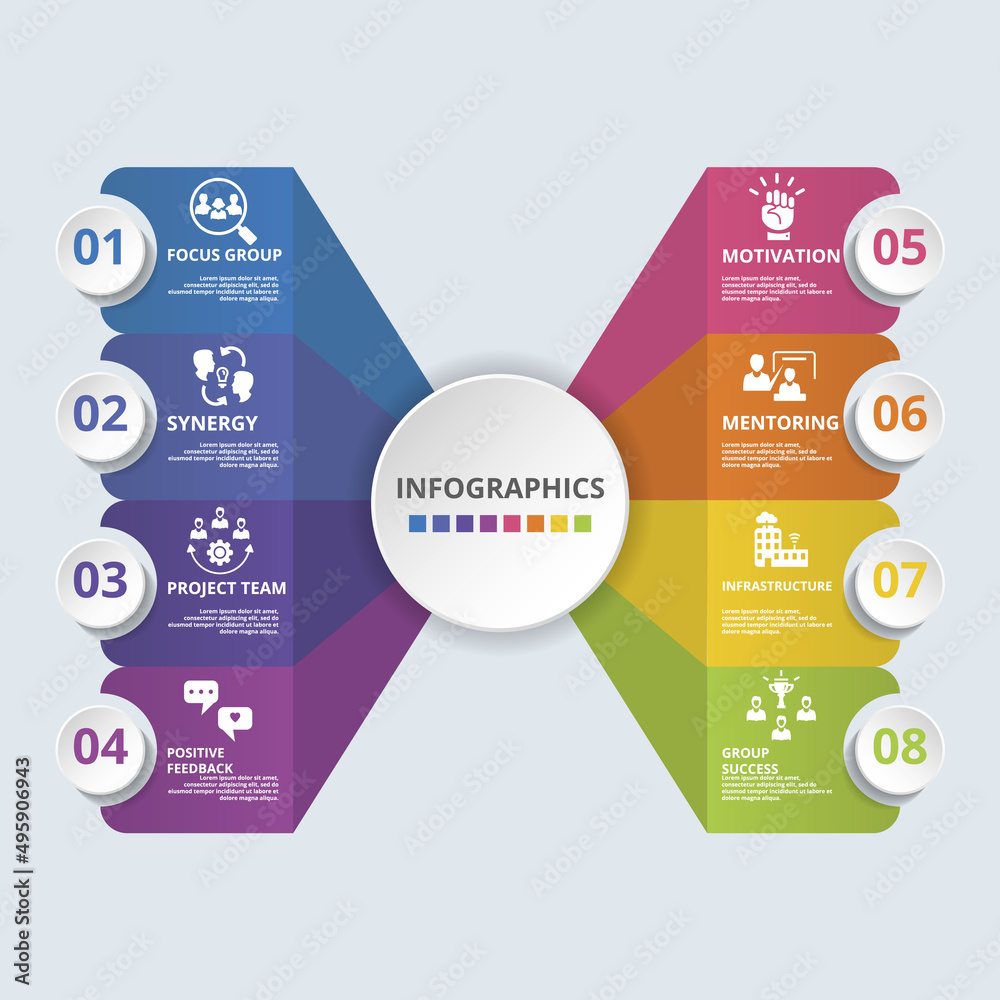 Fototapeta mapa świata dla dzieci Infographic Team Building icons vector illustration. 8 colored ...