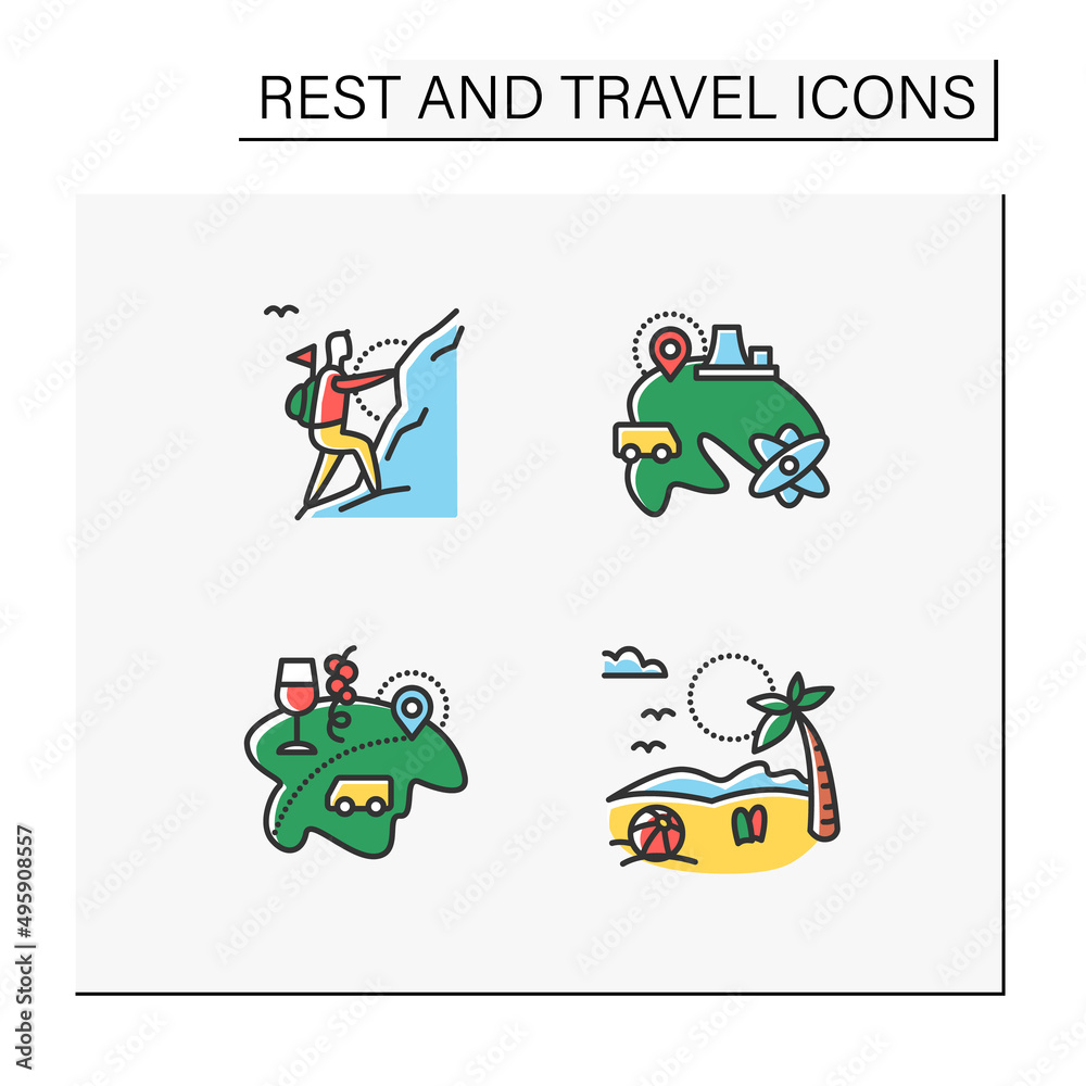 Types of rest and tourism color icons set. Mountaineering, seaside ...
