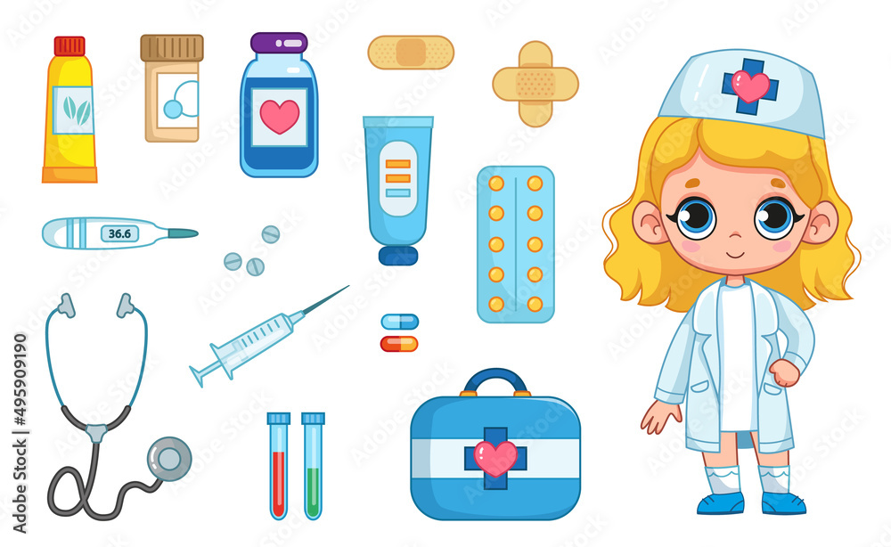 Doctor's medical items set, cute girl in nurse costume, medicines ...