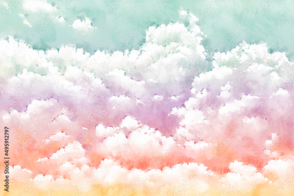 Watercolor sky of pastel delicate shades. Clouds in the sky. Mint and ...