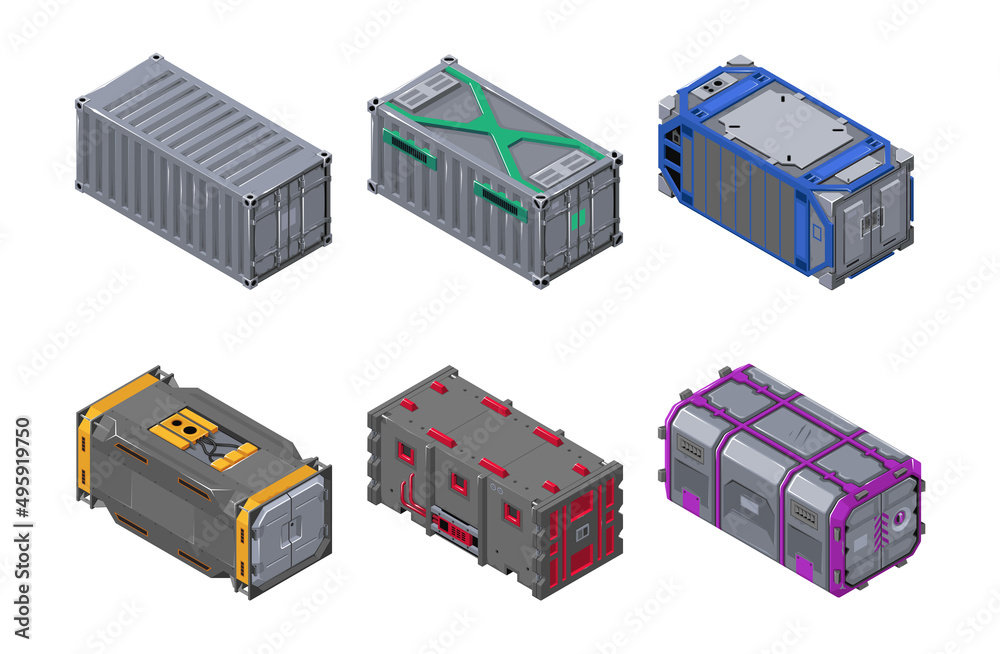 Game container in different fantasy variants. Box icon isometry ...