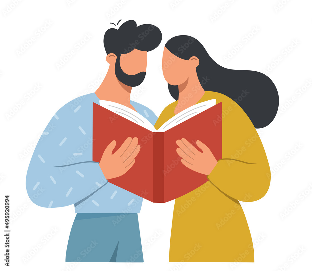 Young couple reading book together. Book lovers, fans of literature ...
