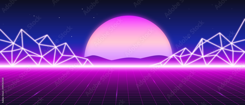 Retro futuristic 1980s style mountain landscape background glowing sun ...