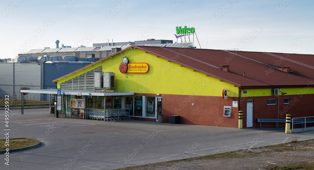 Biedronka supermarket shop with brand logo sign. Retail chain of ...