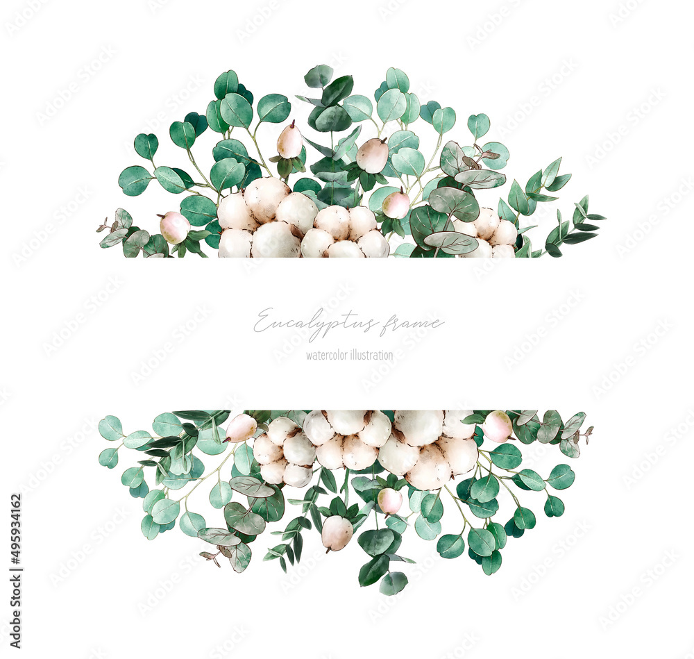 Watercolor floral card with eucalyptus leaves and cotton. Greenery ...
