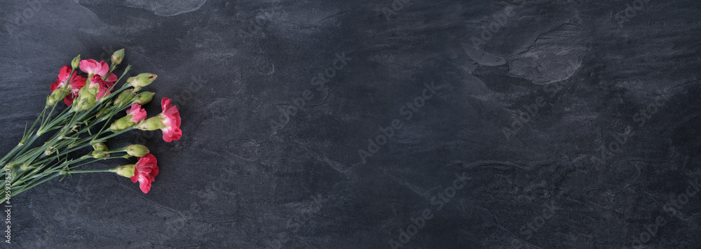 red carnations on black background, symbol of builder's death, day of ...