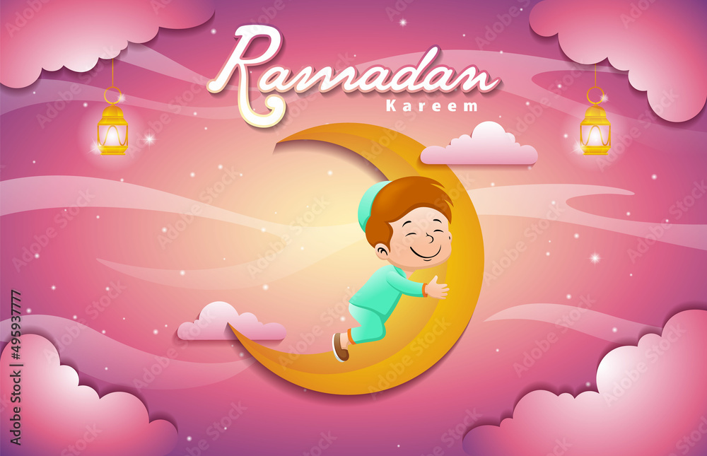 cute cartoon Muslim kids on crescent moon at Ramadan month Stock Vector ...