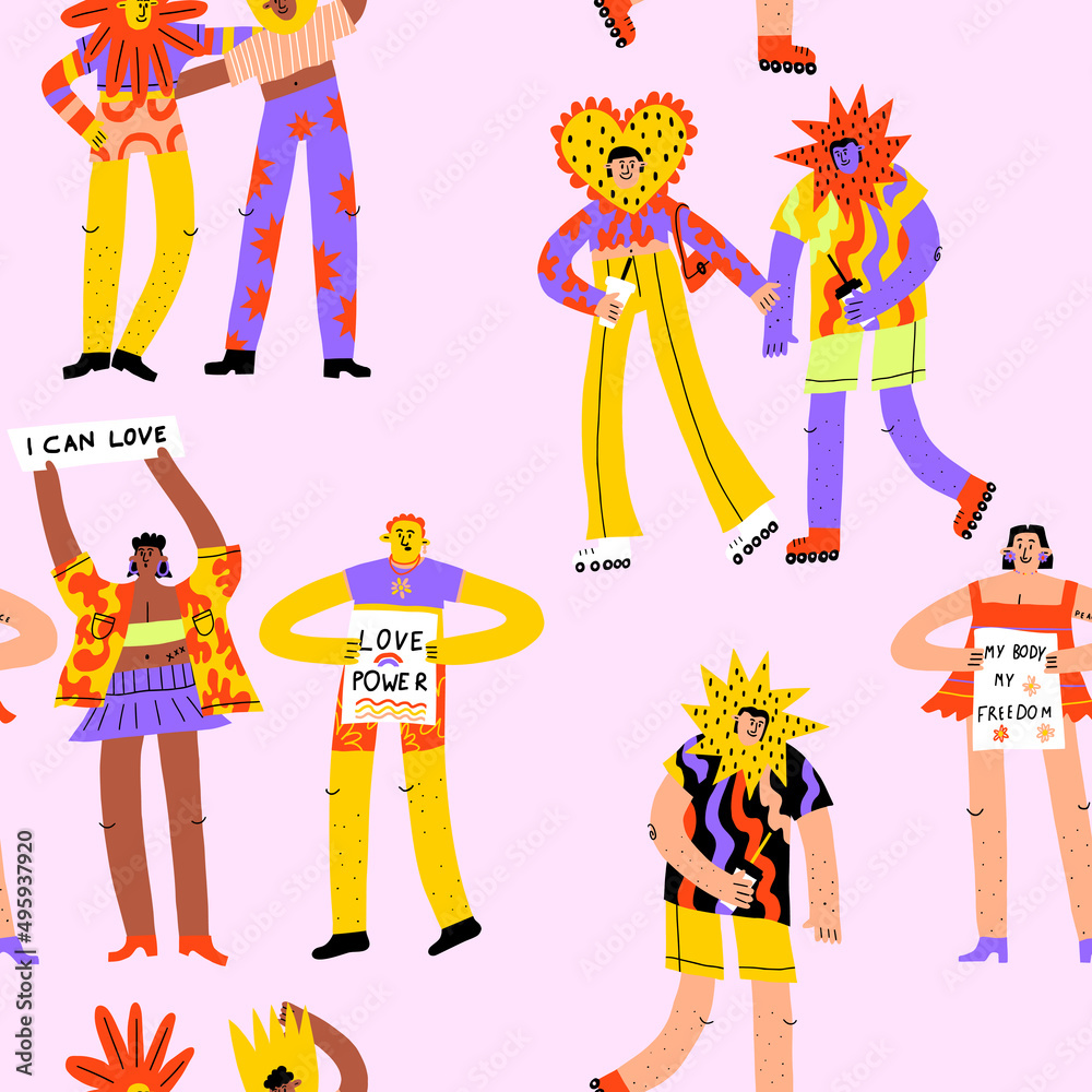 vector seamless pattern with people at human rights protests. Print in ...